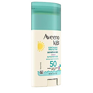 Aveeno Kids Continuous Protection Sensitive Skin Mineral SPF 50 Sunscreen Stick, 100% Zinc Oxide for Face & Body, Sweat- & Water-Resistant Sunscreen Stick for Children, SPF 50, 1.5 oz