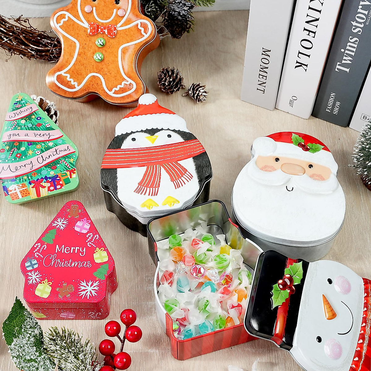 6 Pcs Christmas Cookie Tin Box Set Xmas Metal Candy Tins with Lids Food Storage Containers Cookie Jar Christmas Gift Packing Solution for Storing Candy Chocolate Biscuits Christmas Party Favor