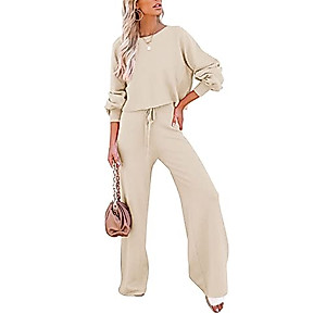 Pink Queen Women's 2 Piece Knit Sweatsuit Puff Sleeve Cropped Sweater Top and Long Pants Tracksuit Lounge Set Beige XL