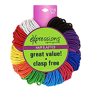 Expressions 216-Piece Hair Ties, 4mm Hair Elastics Bright Colors Value Pack, No Metal Hair Bands for Women, Durable Ponytail Holders For Thick Hair, Curly Hair and All Hair Types