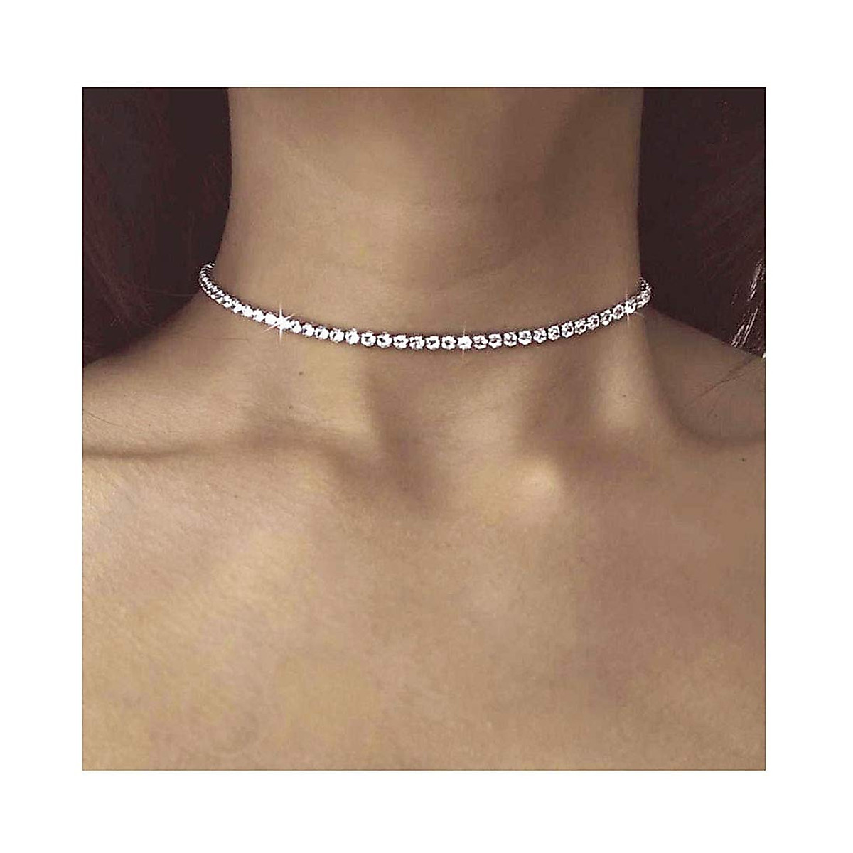 EFTOM 1 Row Silver Rhinestone Choker Necklace Diamond Necklaces for Women