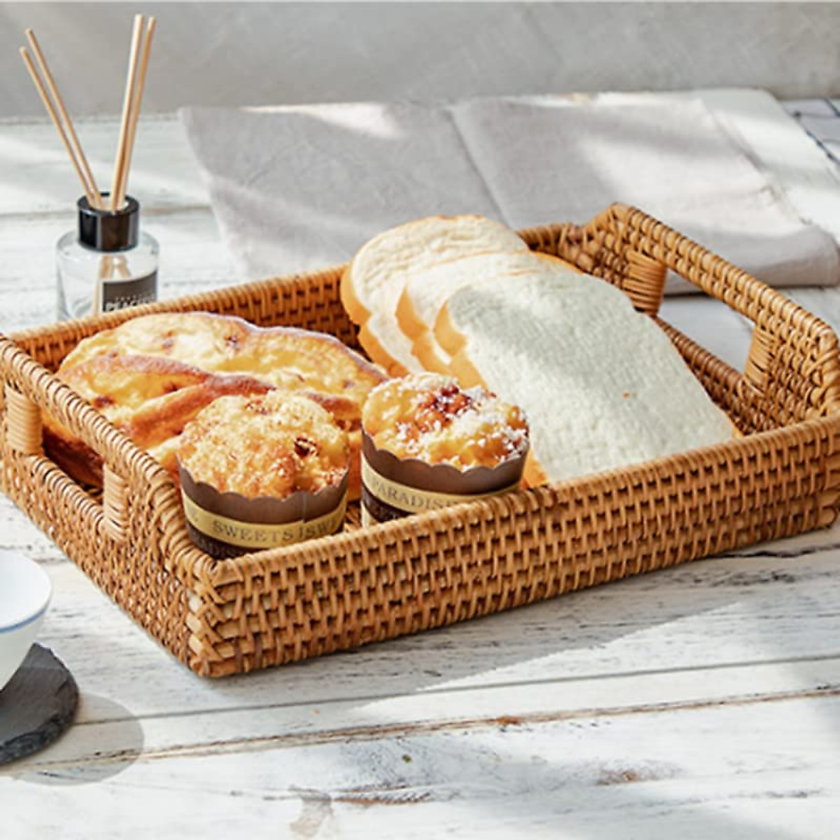 Hand-Woven Rattan Serving Tray with Handles for Breakfast, Drinks, Snack for Dining/Coffee Table (17 inch (43 cm), Rectangular)