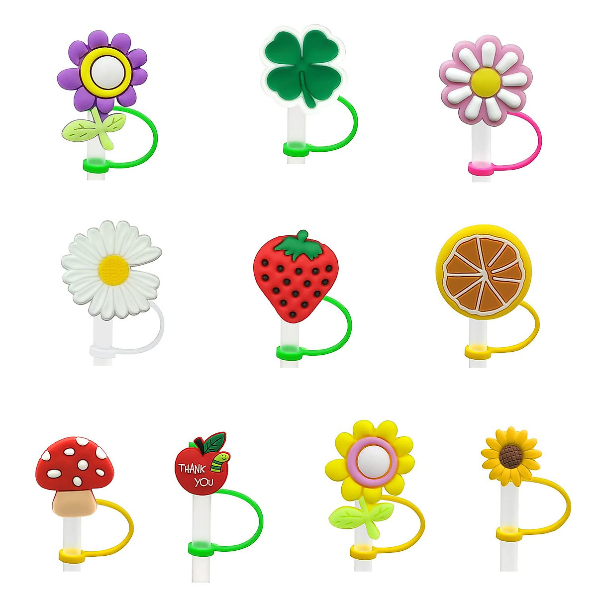 10 Pieces Straw Cover Cap Reusable Silicone Straw Toppers Drinking Straw Tips Lids for 6-8 mm Cute Straws Plugs (Not include Straw) (2D Style 2)