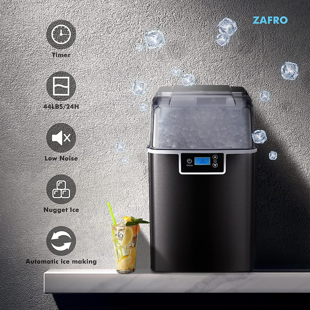ZAFRO Nugget Ice Makers Countertop with Soft & Chewable Pellet Ice Portable Self-Cleaning Compact Ice Machine 44Lbs/24H with Ice Scoop and Basket Suitable for Home/Kitchen/Office/Bar Party