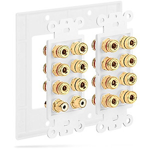 Fosmon 2-Gang 7.1 Surround Sound Distribution Home Theater Wall Plate, Gold Plated 7-Pair Copper Binding Posts Coupler Type for 7 Speakers, 2 RCA Jack for Subwoofer