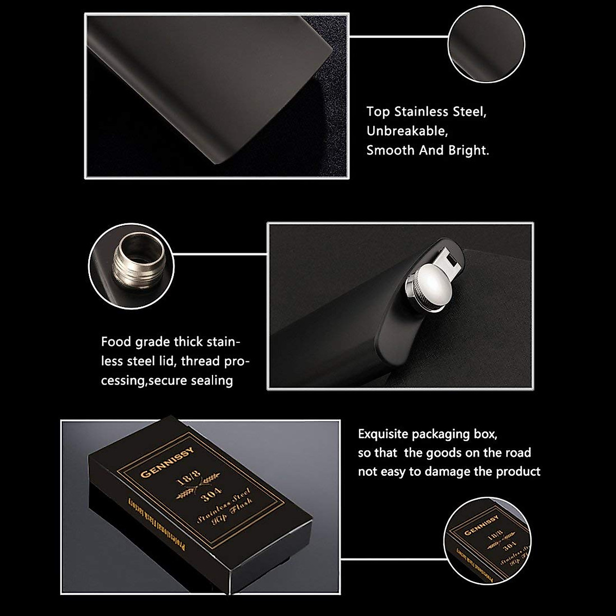 GENNISSY 12oz Whiskey Flasks for Liquor for Men, 304 18/11 Stainless Steel Leakproof with Funnel, with Never-Lose Metal Cap, Hip Flask Gift Sets for Groomsmen, Camping Pocket Metal Flask