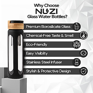 NUZI Glass Water Bottles 18 oz with Stainless Steel Fruit Infuser | Insulated Water Bottle | Reusable Glass Water Bottles with Silicone Sleeve & Bamboo Lid | BPA Free and Leakproof | Black | 1 Pc