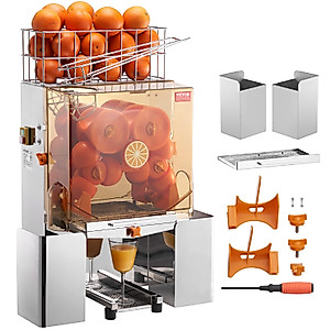 VEVOR Commercial Orange Juicer Machine, 120W Automatic Juice Extractor, Stainless Steel Orange Squeezer for 20 Oranges Per Minute, with Pull-Out Filter Box, PC Cover, 2 Peel Collecting Buckets