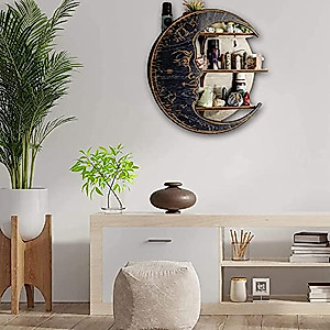 YUDIZWS Glass Shade Wall Mounted Antique Wooden Moon Stand Floating Moon Shelf Mounted Shelf Wall Glass Storage Stand,Black