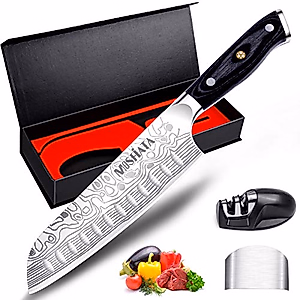 MOSFiATA 7" Santoku Knife Chef Cutting Knife for Cooking with Finger Guard and Knife Sharpener, German High Carbon Stainless Steel EN.4116 Kitchen Chopping Knife with Micarta Handle and Gift Box