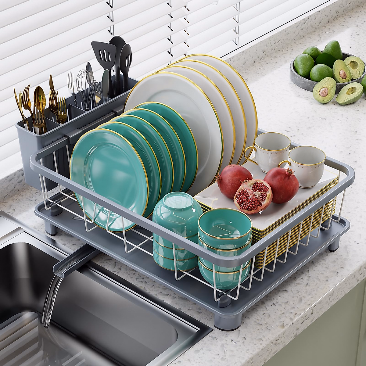 Hiviweer Dish Drying Rack - Space-Saving Dish Rack,Dish Racks for Kitchen Counter with Drainboard, Rustproof Dish Drainer with a Removable 4-Compartment Utensil Holder,Gray