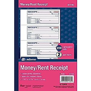 Adams Money and Rent Receipt Book, 2-Part, Carbonless, White/Canary, 7-5/8" x 10-7/8", Bound Wraparound Cover, 200 Sets per Book, 4 Receipts per Page (DC1182)