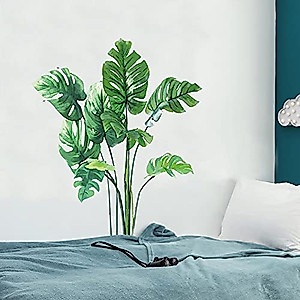 Monstera Leaf Wall Decals 2 PCS Palm Leaves Wall Stickers for Living Room, Green Tropical Plants Wall Decor Posters Vibrant Jungle Leaves Wallpaper for Bedroom Nursery
