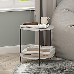 Furinno Besi 2-Tier Modern Round Side End Table with Sturdy Metal Legs, 15.55 (W) x 10.58 (H) x 5.46 (D) inches, Marble White
