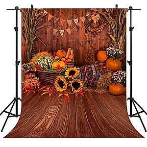 OUYIDA 5X7FT Fall Thanksgiving Wooden Floor Barn Autumn Pumpkins Maple Leaves Sunflower Baby Portrait Party Halloween Decoration Vinyl Photography Backdrop Photo Booth Background Studio Prop TP295