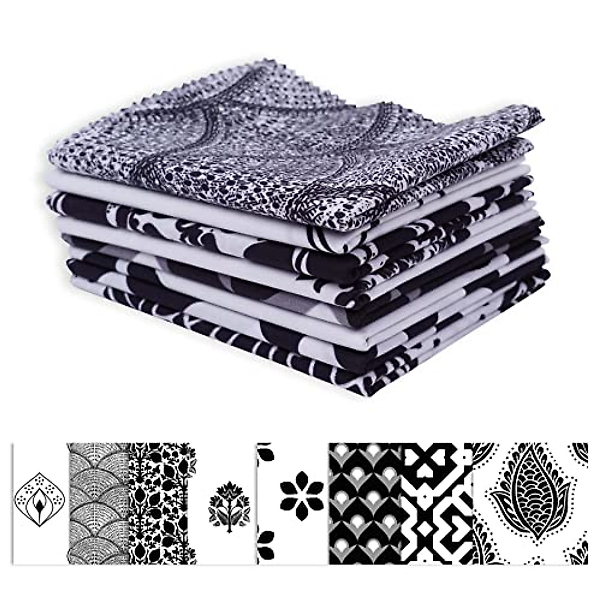 Soimoi 8 Pc Fat Quarter Bundle - Asian Block Print 18"x 22" DIY Patchwork- 100% Cotton Pre-Cut Quilting Fabric (White & Black)