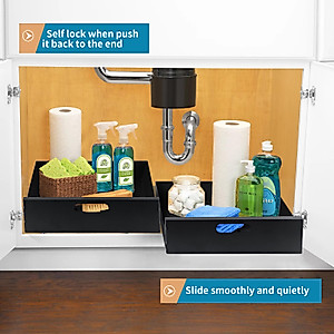 Sanbege Pull Out Cabinet Organizer Self Adhesive, Heavy Duty Metal Sliding Drawer, 16.9" D x 11.8" W x 3.7" H Slide Out Pantry Shelf for Kitchen, Bathroom, Bedroom, Living Room, Garage, Office (Black)