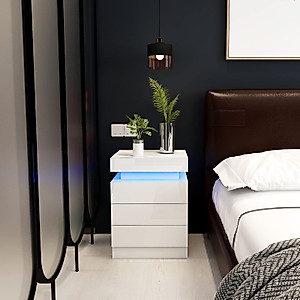 YILQQPER Nightstand with LED Lights, 3 Drawers and 1 Flapping Top Storage Box, White Night Stand for Bedroom, Modern Tall Bedside Table with High Gloss Panel, Glacier White