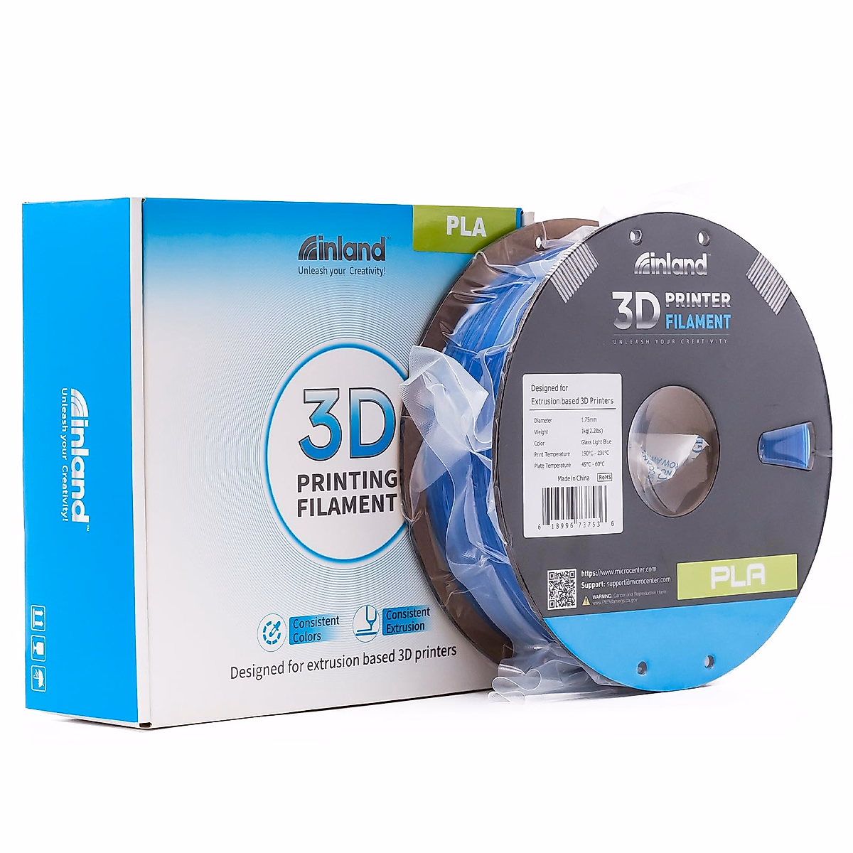 INLAND Micro Center Transparent Glass Blue PLA 3D Printer Filament 1.75mm, Blue Glass, Dimensional Accuracy +/- 0.03 mm, 1 kg Cardboard Spool (2.2 lbs), FDM/FFF Printers