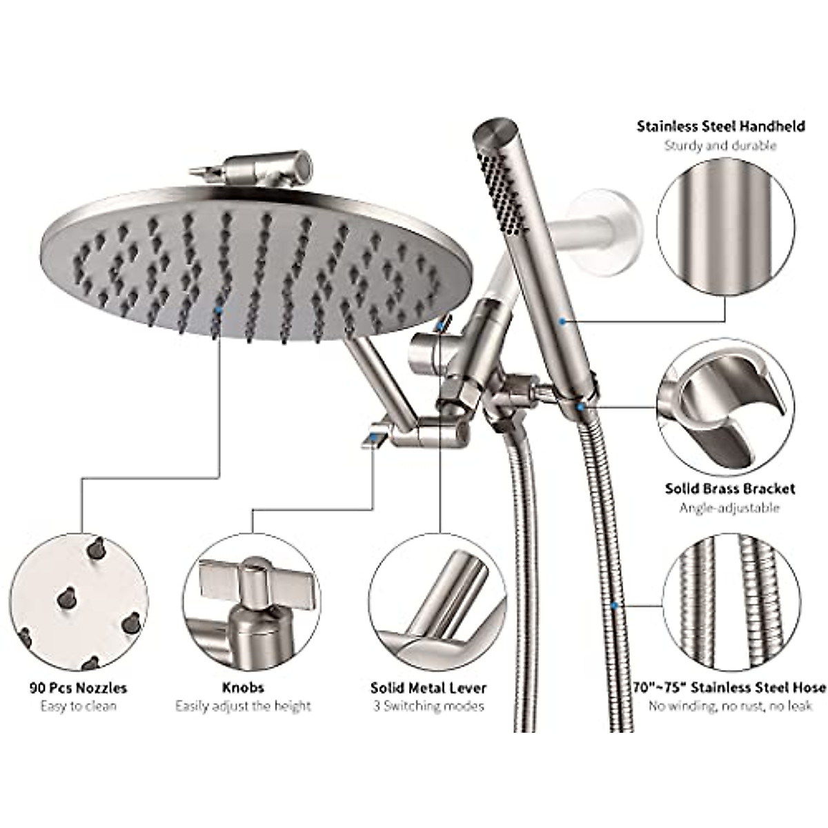 G-Promise All Metal Dual Shower Head Combo | 8" Rainfall Shower Head, Handheld Shower Wand | Smooth 3-way Diverter | with Adjustable Extender - An Upgrade of Shower Experience(Brushed Nickel)