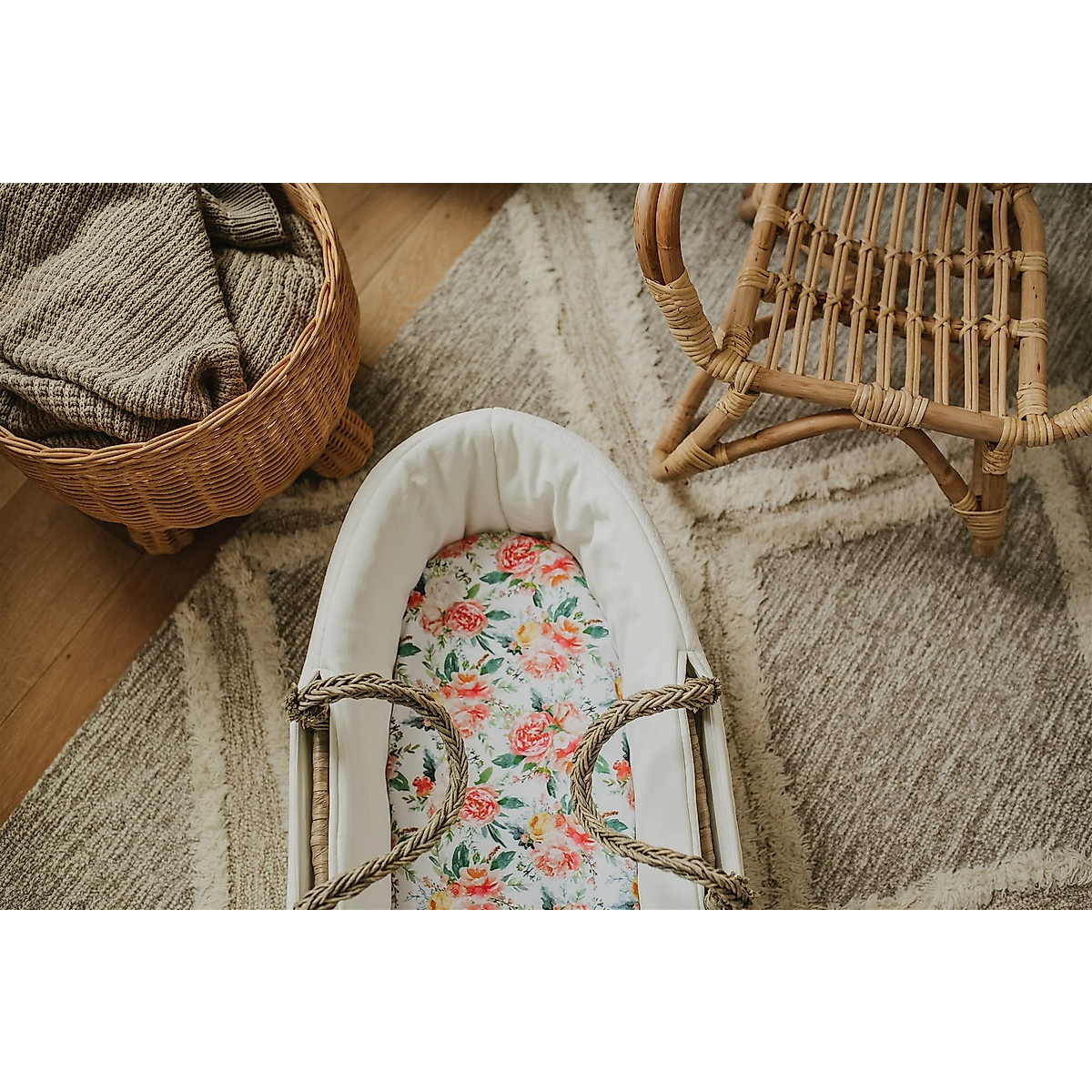 NODNAL CO. 3 Fitted Bassinet Sheets Set for Baby Girl - 100% OEKO-TEX Cotton Peonies & Roses - Pink Floral Boho Flowers - Cradle/Moses Basket, Hourglass, Oval, Rectangle Mattress Nursery Bedding Sheet