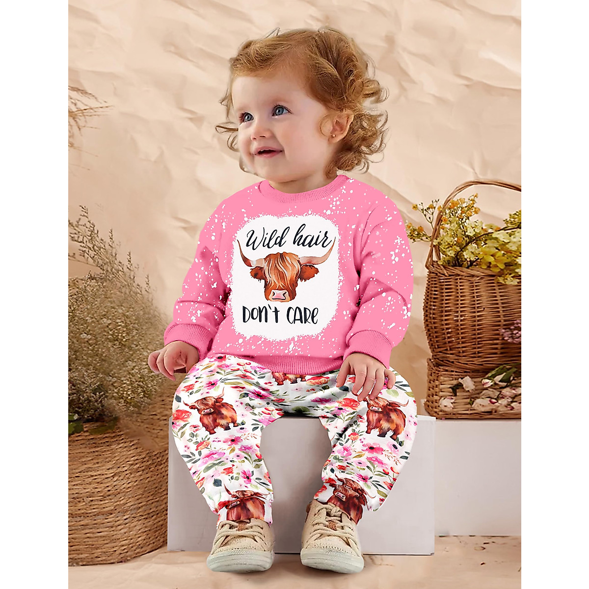 ADIFUN Baby Girl Clothes 18-24 Months Girl Clothing Fall Winter Outfits Wild Hair Don't Care Highland Cow Pink Sweatshirt Flower Pants Western Cowgirl Outfit