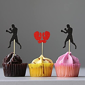 Arthsdite 48Pcs Black Red Glitter Boxing Gloves Boxer Cupcake Toppers Fitness Cupcake Picks Boxer Birthday Party Decorations