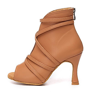 AOQUNFS Women's Peep Toe Latin Dance Shoes Salsa Ballroom Party Ankle Dance Heels,L579,Brown-8.5-5059, US 6.5