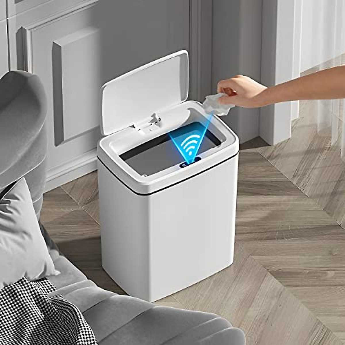 Sooyee Bathroom Trash Can with Lid, 4.2 Gallon Slim Smart Trash Can, Small Plastic Trash Bin, 16 L Narrow Plastic Trash Can Waste Basket for Bedroom, Bathroom, Kitchen, Office,White