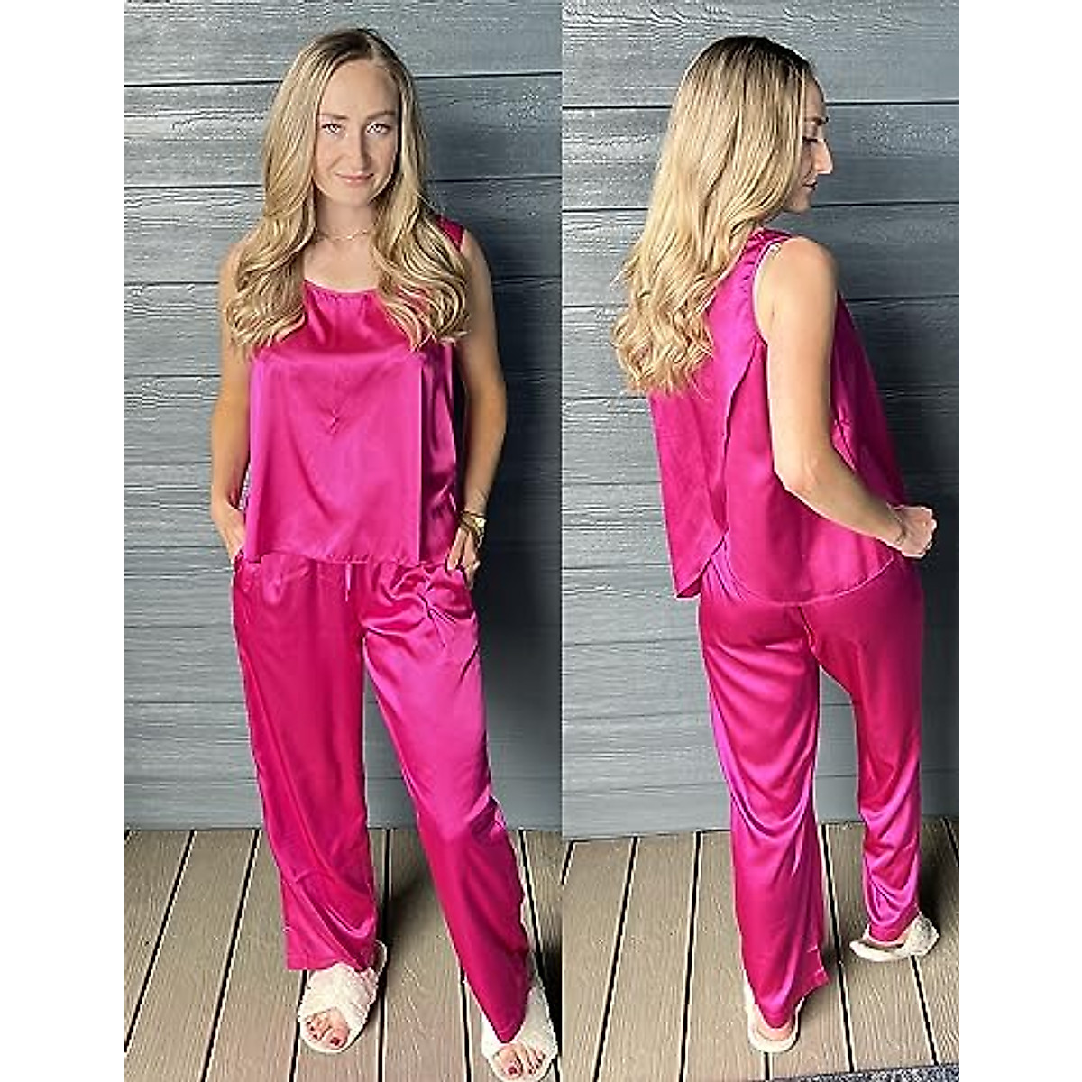 Ekouaer Women's Silk Pajamas Tank Top and Shorts Pjs Nightwear 2 Piece Satin Sleep Set Plus Size Hot Pink