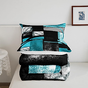 jejeloiu Abstract Turquoise and Black Bedding Set Queen Size, Grunge Teal Ombre Comforter Set Gray Black Blue Stripe Comforter for Kids Toddler Abstract Art Duvet Set Lightweight Quilt Set Queen Size