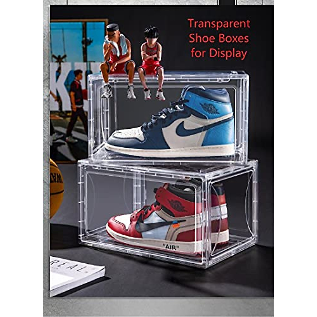 sunkey Shoe Boxes Clear Plastic Stackable Shoe Organizers with Magnetic Side Door for Men Women Sneakers Aj1 Display Large, 3 Pack