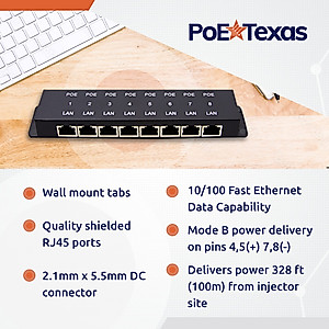 PoE Texas 8 Port PoE Injector - 10/100 Passive Power Over Ethernet 48v Power Supply - 48 Volt 60 Watt AC to DC Power Supply