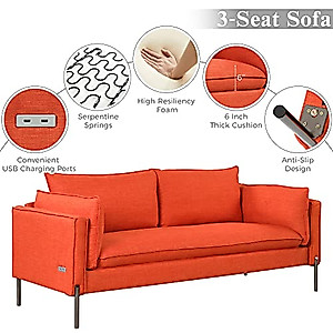 Harper & Bright Designs Linen Fabric 3 Seat Sofa with USB Charging Ports, Morden Style Upholstered 3-Seat Couch for Living Room, Apartment (3 Seat, Orange)