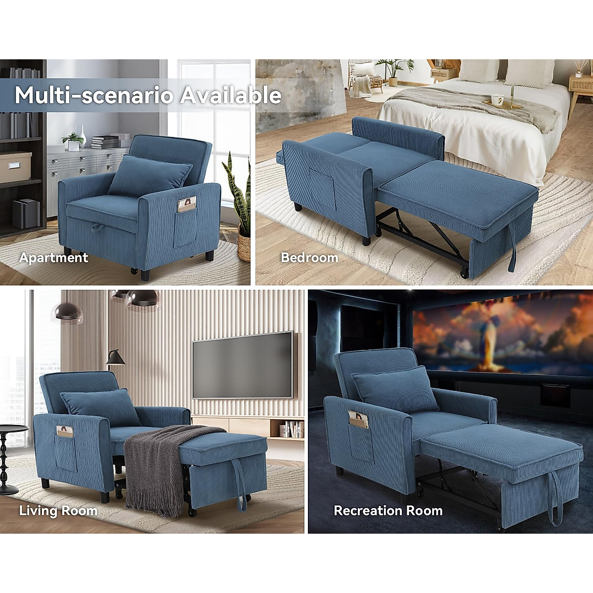 SEJOV Convertible Sofa Bed, 3 in 1 Couch Pull-Out Bed, Loveseat Sleeper Sofa Bed with 3 Adjustable Backrest, Recliner with Throw Pillow, Small Space for Living Room, Apartment, Bedroom, Blue