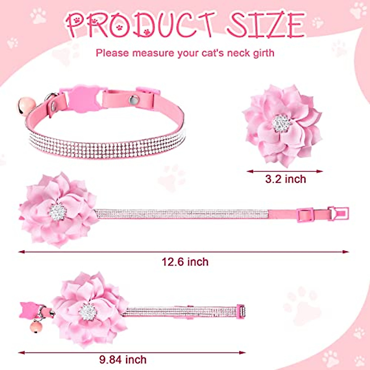 3 Pcs Rhinestone Cat Collars for Girl Cats Bling Kitten and Flower Adjustable Breakaway Collar with Bell Soft Velvet Shine Collar for Small Dogs Puppy (Pink, Blue, Purple, Flower Style)