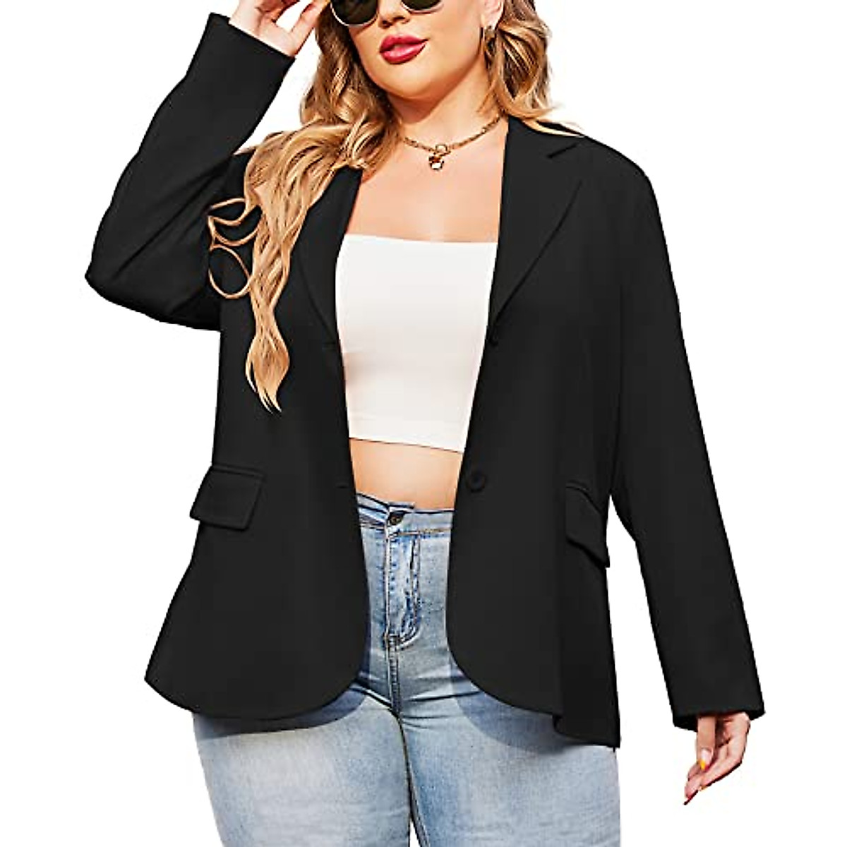 IN'VOLAND Women Plus Size Blazer Casual Open Front Notched Lapel Jackets Blazer Long Sleeve Black