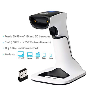 ScanAvenger Wireless Portable 1D&2D with Stand Bluetooth Barcode Scanner: Hand Scanners 3-in-1 Vibration, Cordless, Rechargeable Scan Gun for Inventory - USB Bar Code/QR Reader (with Next Gen Stand)