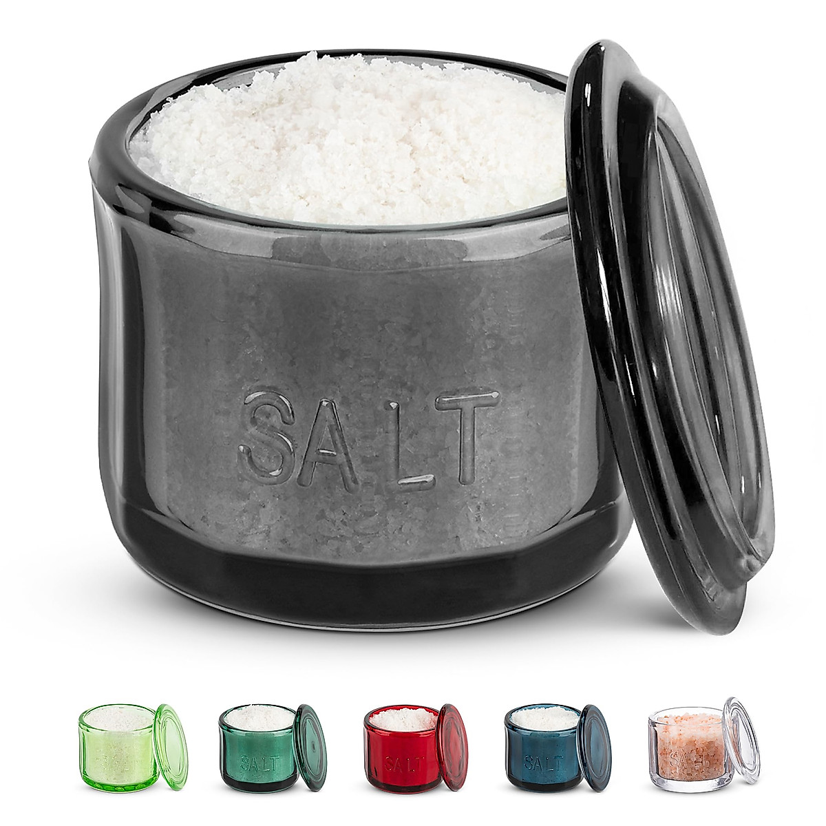 Kook Glass Salt Cellar, with Glass Lid, Embossed Pressed Glass, Clear Storage Container, for Coffee, Sugar, Spices and Candies, Dishwasher Safe, 10 oz