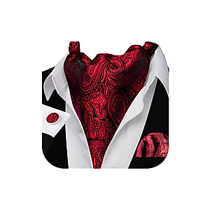 Barry.Wang Men Ascot Tie Set Cravat Paisley Red Silk Scarf Self Necktie Handkerchief Cufflinks Formal Wedding Party Prom