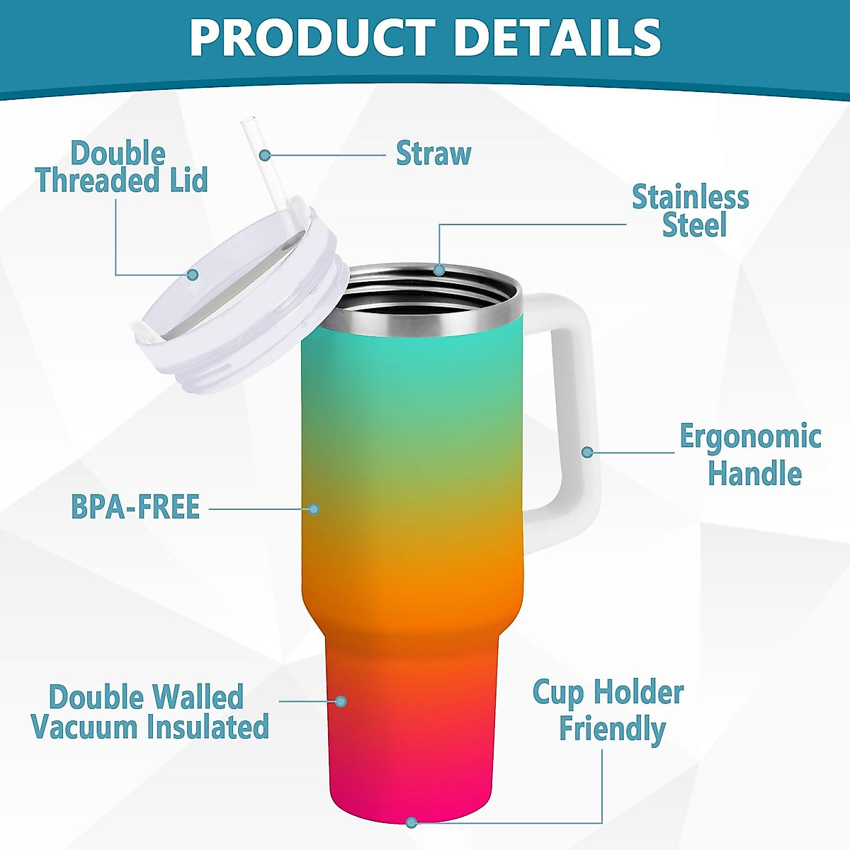 Teal Orange Pink Gradient 40 Oz Travel Tumbler with Straw and Lid Insulated Coffee Cups