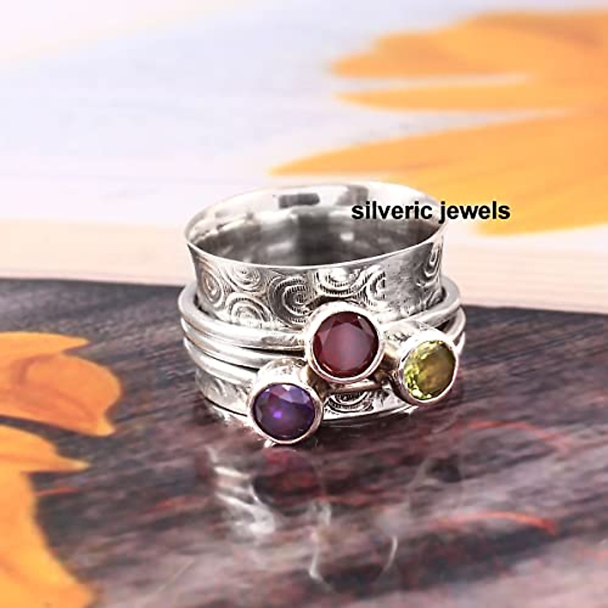 Multi gemstone Spinner ring Meditation Family Spinning Anxiety ring 925 sterling silver ring silver jewelry (12)