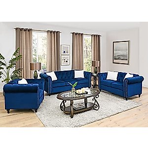 Melpomene 3 Pieces Blue Velvet Living Room Sofa Set Including 3-Seater Sofa Loveseat and Sofa Chair, with Button Tufted Nailhead and 5 White Villose Cushions (1+2+3 seat)