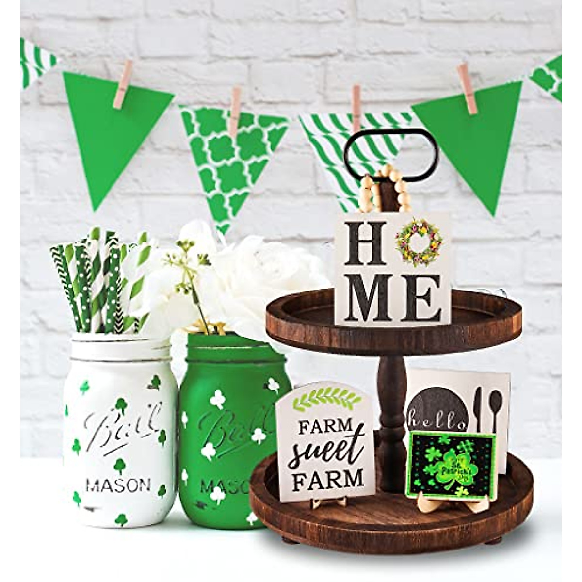 Creatart Two Tiered Tray with 6 Pieces Wooden Decor Item,Spring Rustic Farmhouse Decor,Round Easter Kitchen Table Centerpieces,Home Decorations Set(Home)