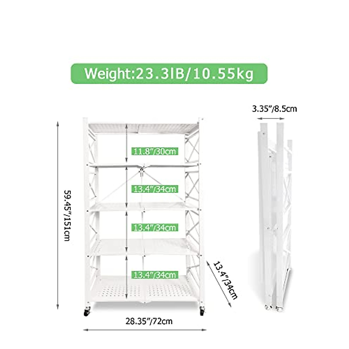 villertech Folding Shelf 5 Tier,Folding Bookshelf,Foldable Shelf,Metal Folding Storage Shelves with Wheels,Sturdy,No Assembly Folding Shelf Unit for Kitchen,Living Room,Study,Greenhouse(White)