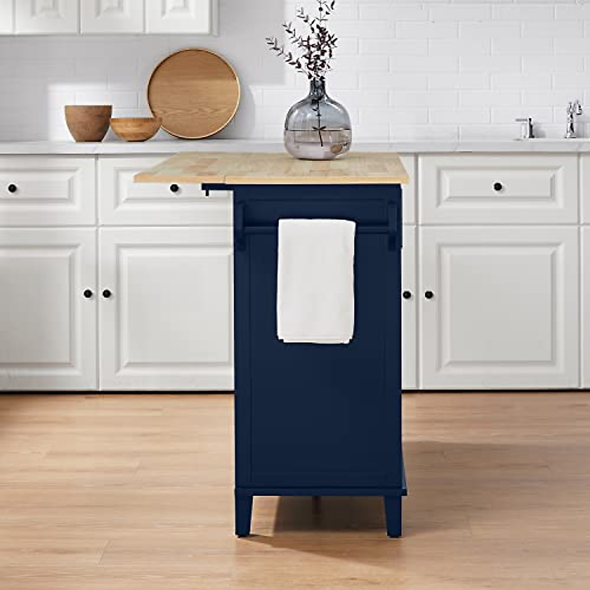 Crosley Furniture Cora Drop Leaf Kitchen Island Microwave Stand, Coffee Bar with Storage Drawers and Shelves, Navy