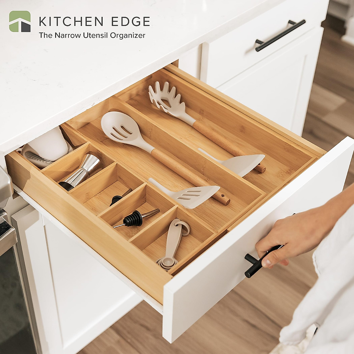 KitchenEdge Adjustable Kitchen Drawer Organizer for Utensils and Junk, Food-Safe Contract Grade with 100% Sustainable Wood, Non-Slip, Expandable from 10.5 to 18.5 Inches Wide - Natural Bamboo