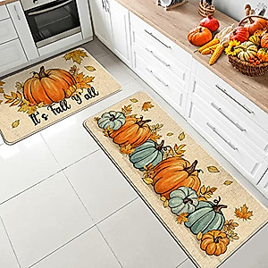 Tailus It's Fall Y'all Pumpkin Patch Kitchen Rugs Set of 2, Autumn Maple Leaves Kitchen Mats Decor, Teal Farmhouse Thanksgiving Floor Door Mat Home Decorations - 17x29 and 17x47 Inch