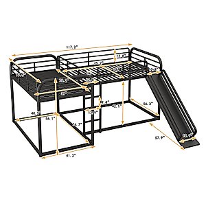 Quad Bunk Bed with Slide, L Shaped Bunk Bed for 4, Heavy-Duty Metal Floor Bunk Bed Frame Full and Twin Size for Kids Teens Girls Boys (Black)