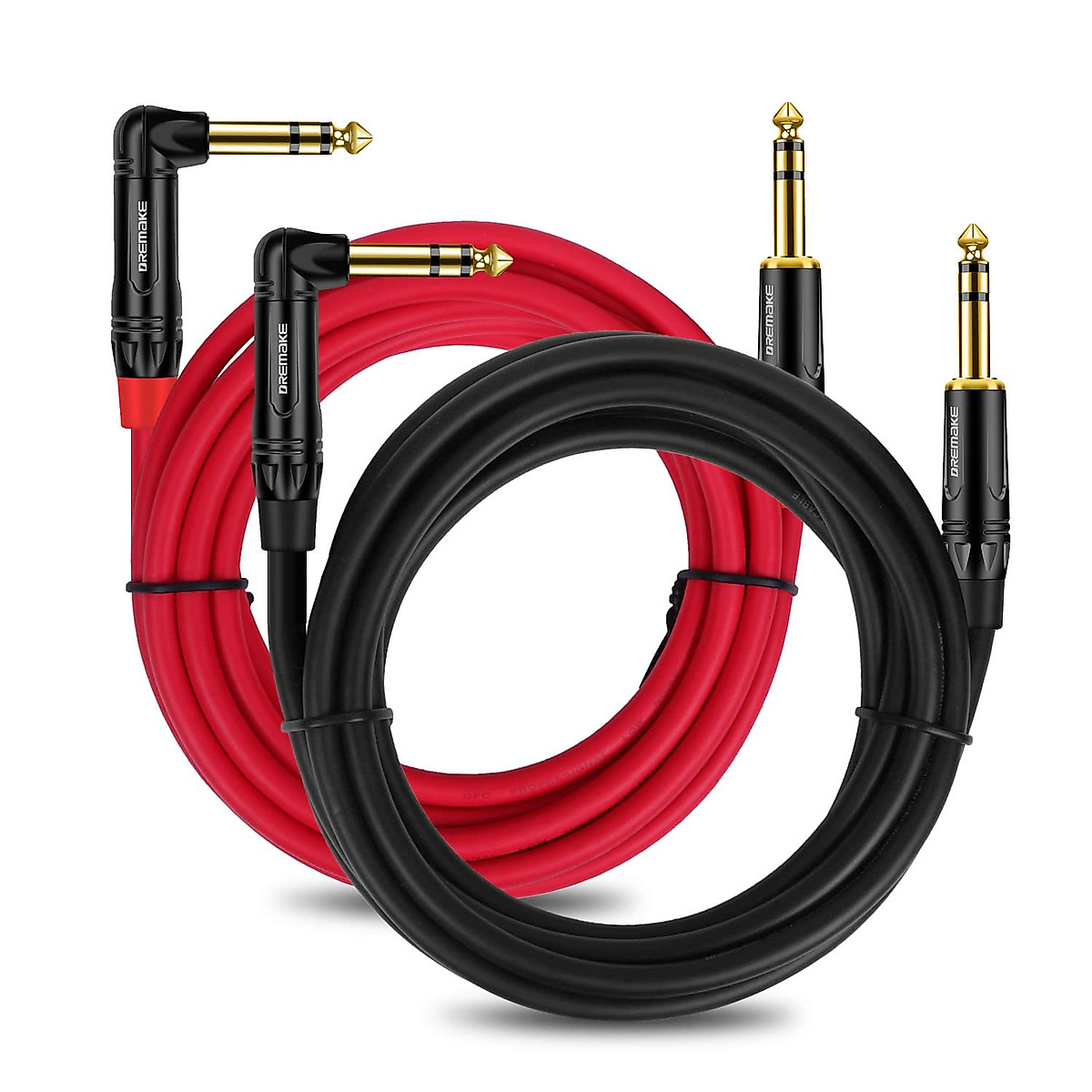 DREMAKE Guitar Cable Cord 6FT, 2 Pack TRS 1/4 Straight to Right Angle Professional Instrument Guitar Amp Cable, TRS 6.35mm Male to Male Balanced Audio Cable for Pro Audio Effects Pedal Quarter Inch